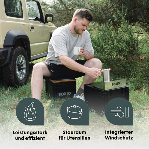 BOXIO COOK PLUS I Mobiler Gaskocher in Euroboxformat mit Camping Topfset